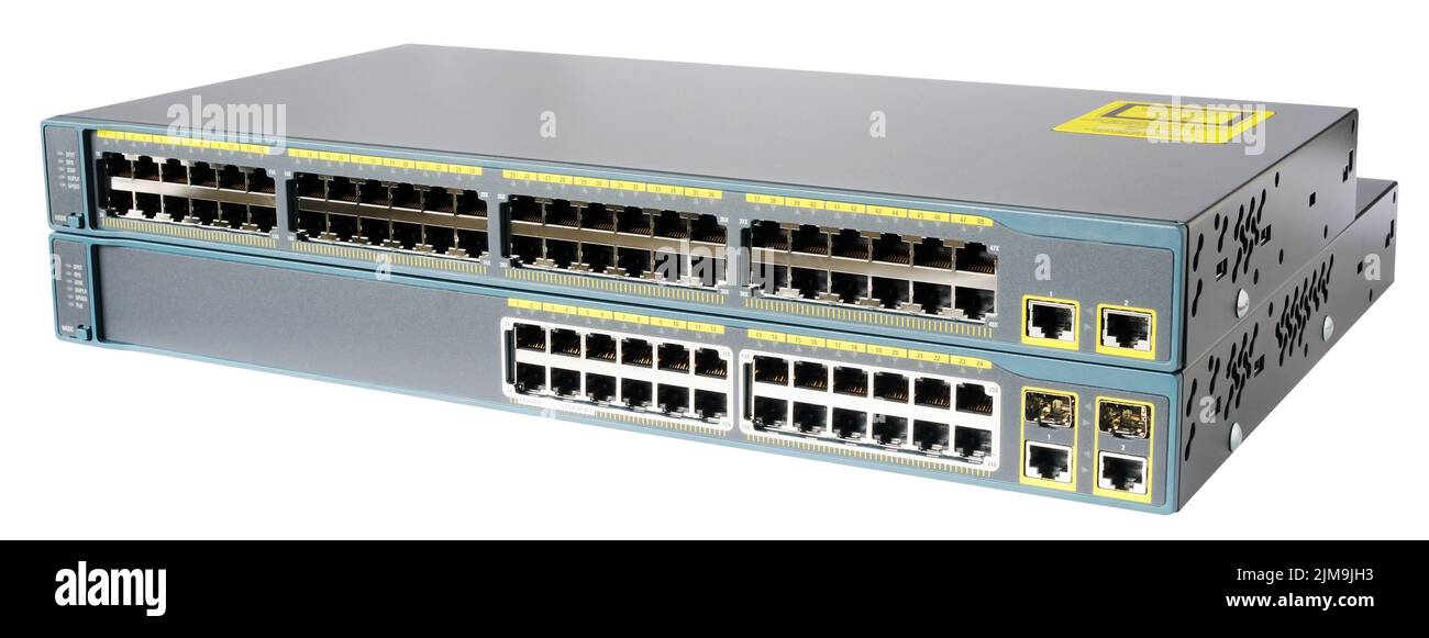 Two fast ethernet network switches isometric view isolated on the white ...
