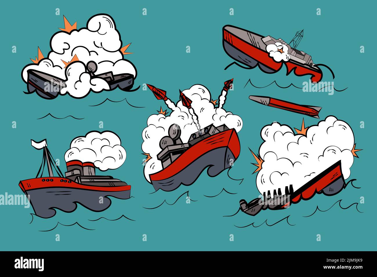 Comic book of submarines in battle cartoon illustration set. Warships ...