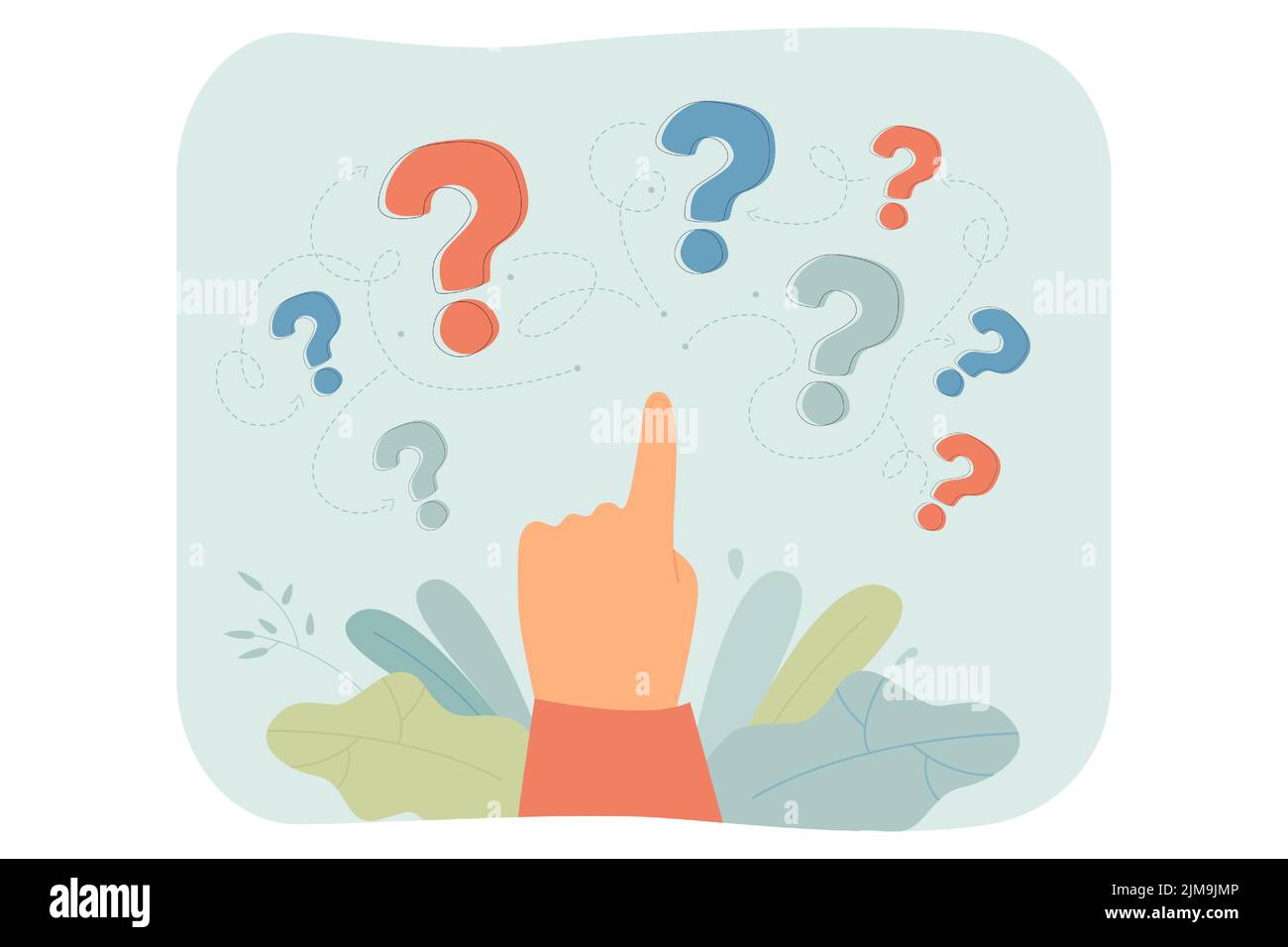 Hand pointing at question marks flat vector illustration. Person trying ...
