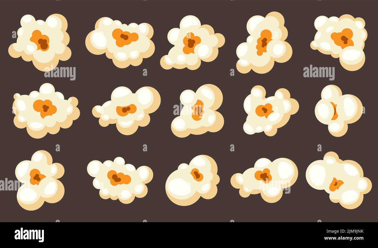 Pieces of popcorn of different shapes vector illustrations set. Salty ...