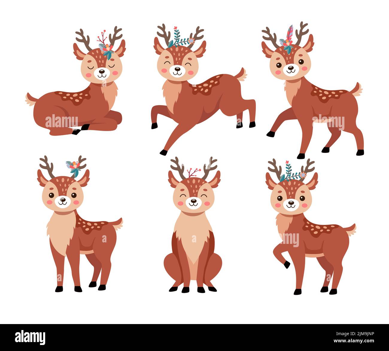 Comic deer in different poses vector illustrations set. Reindeer or ...
