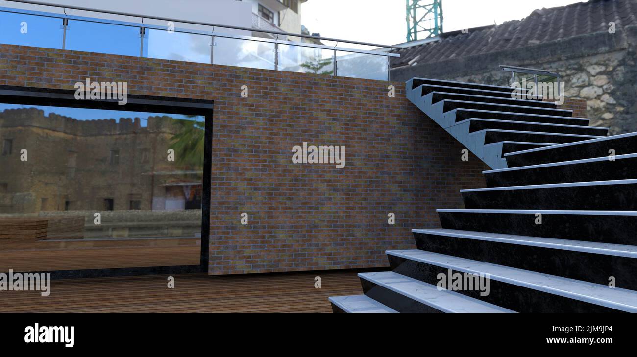 Concrete stairs to the wooden terrace of a new high-tech house. Old ...