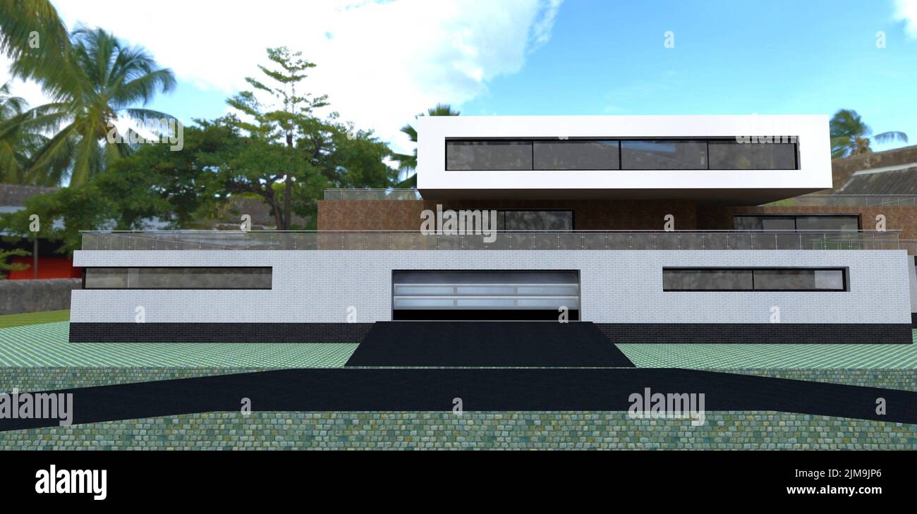 Futuristic design of a technologically advanced building. Asphalted ...