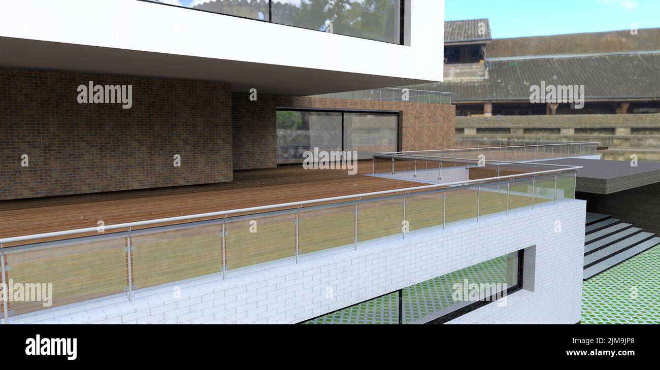 Large terrace on the roof of a modern advanced house. Terrace board ...