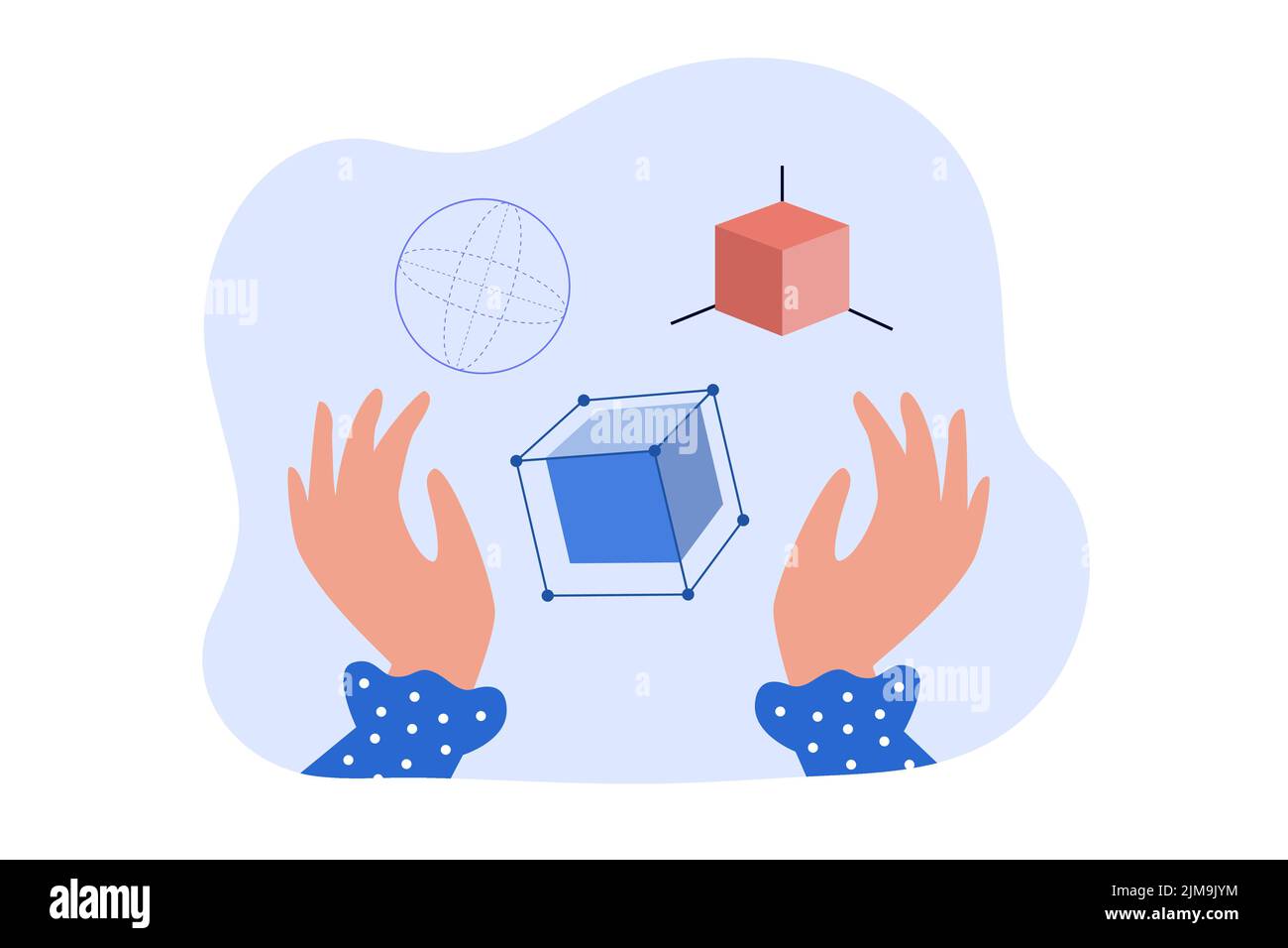 Hands with different geometric 3D shapes. Cubes, sphere flat vector ...