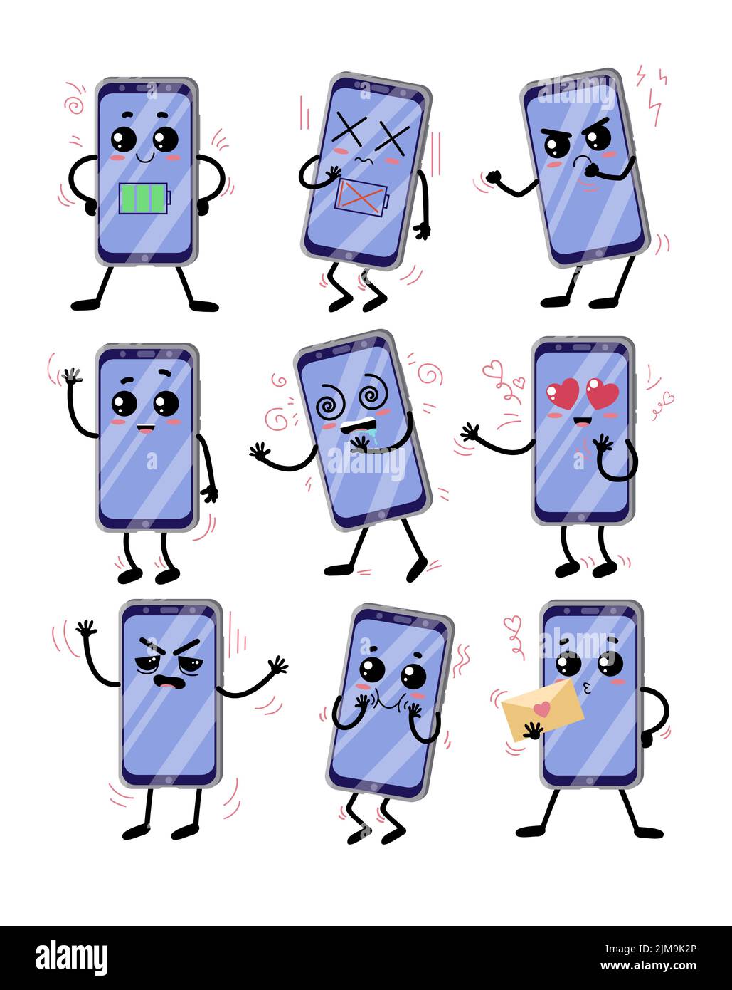 Cute cellphone cartoon character vector illustrations set. Happy ...