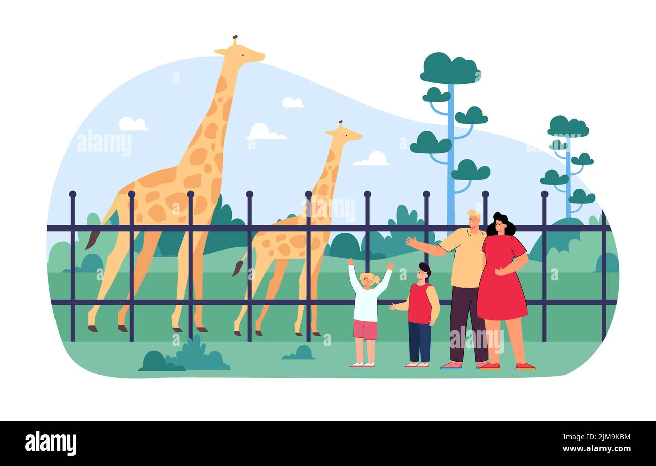 Happy family at zoo flat vector illustration. Mother, father, son and ...
