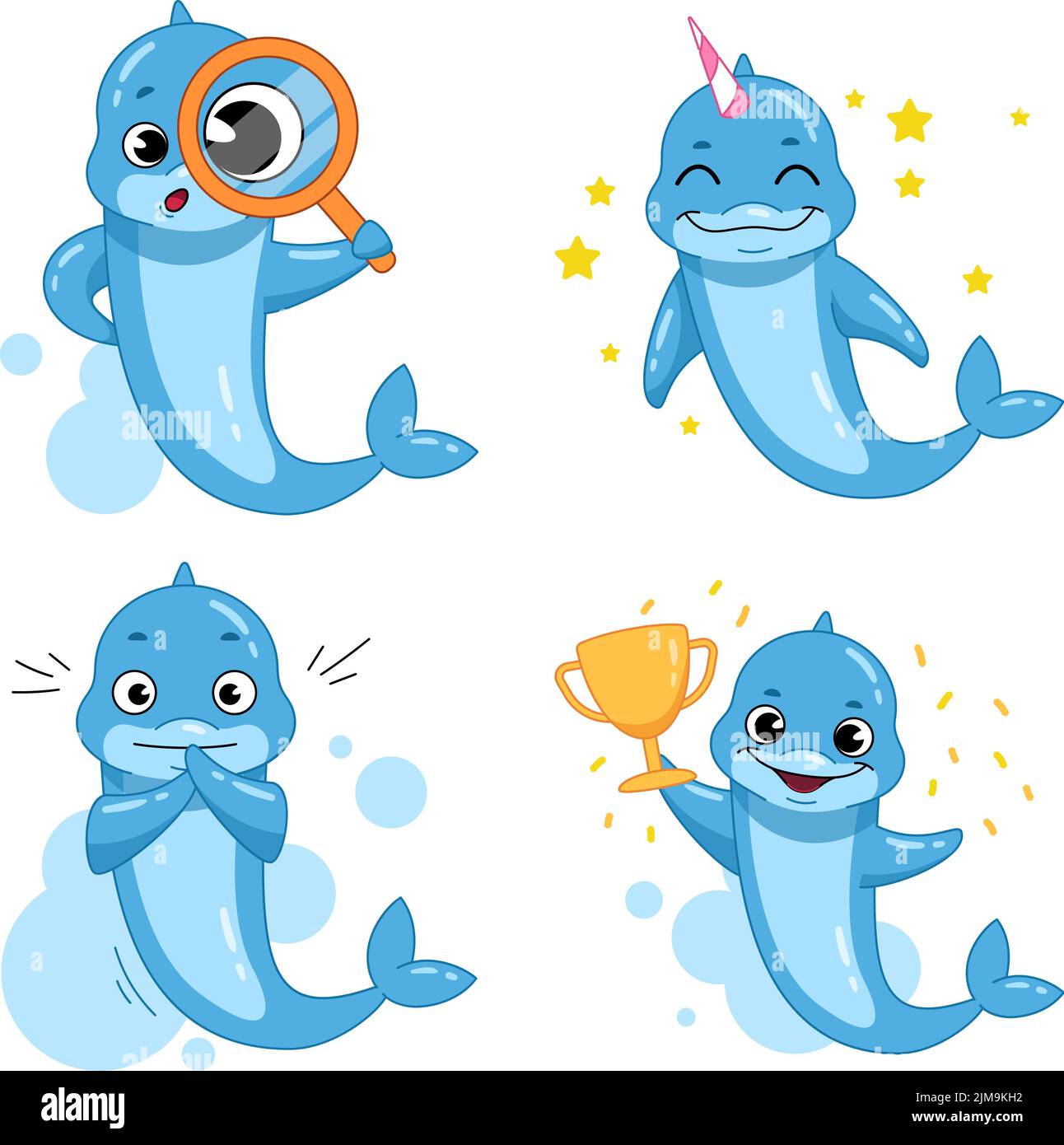 Set of cute hand-drawn dolphins holding magnifying glass, wearing party ...