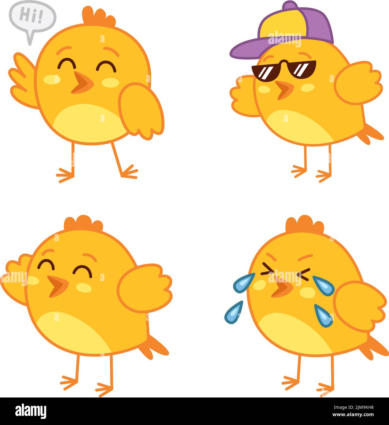 Set of cute hand-drawn chickens saying hi, wearing sunglasses and cap ...