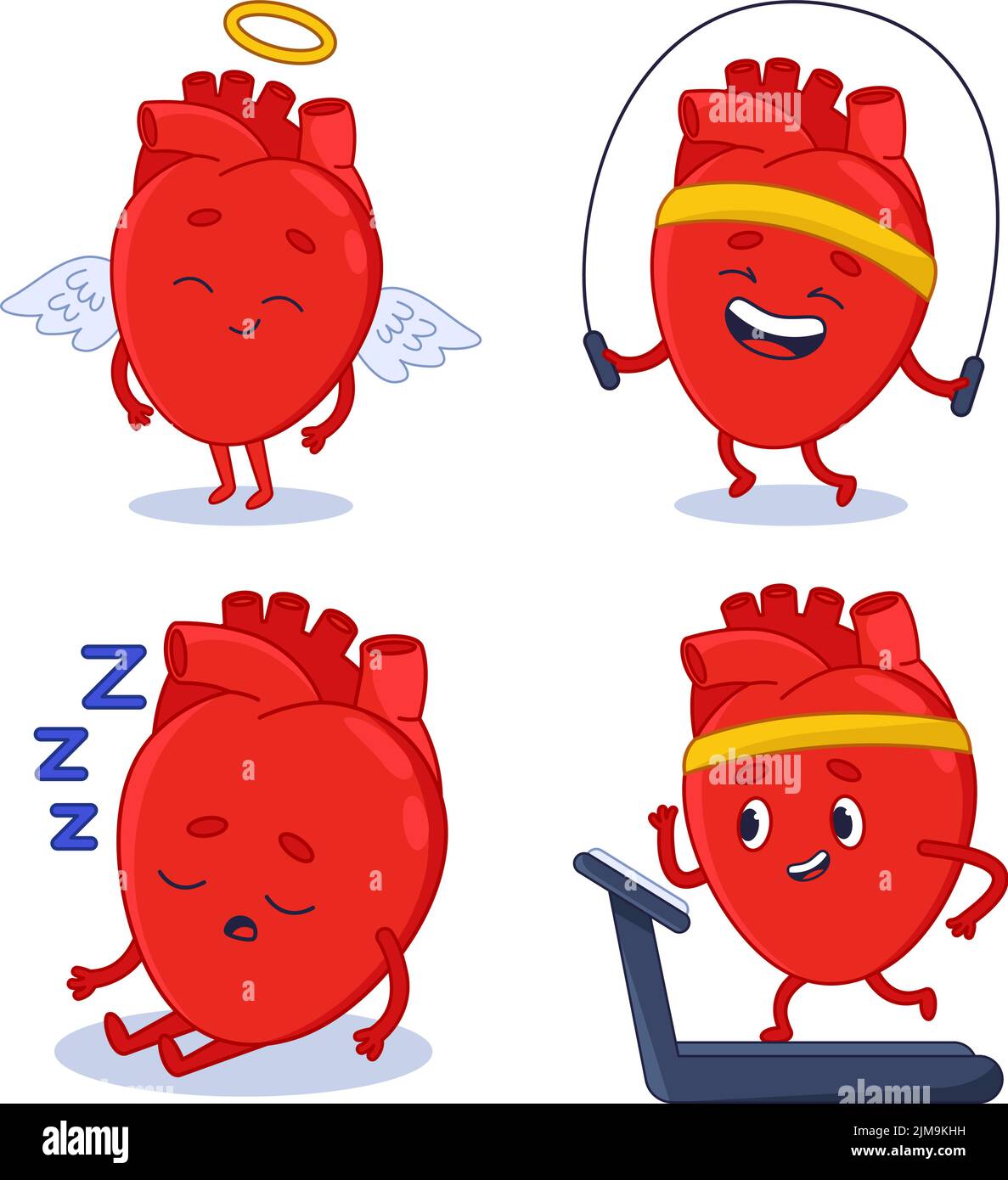 Set of cute hand-drawn human hearts flying as angel, jumping with ...