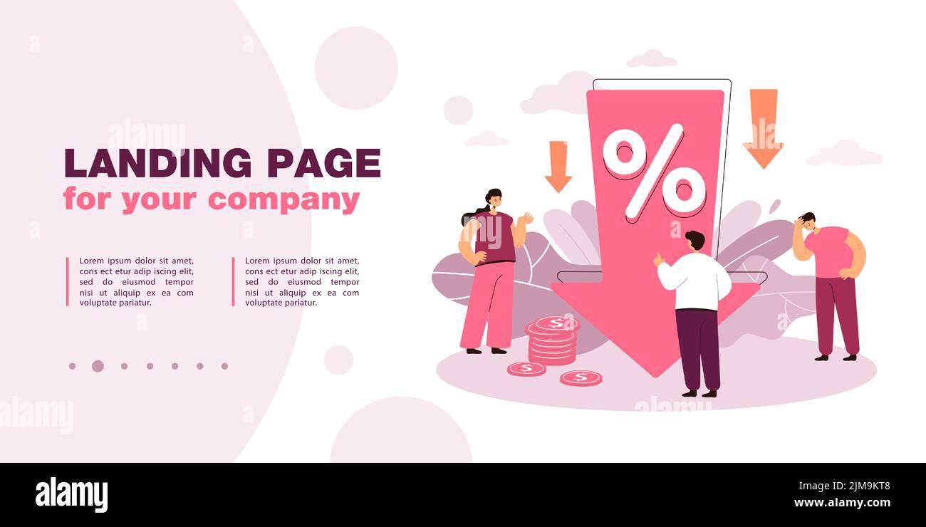 Down arrow with percentage decrease. Characters upset about profit reduction flat vector ...