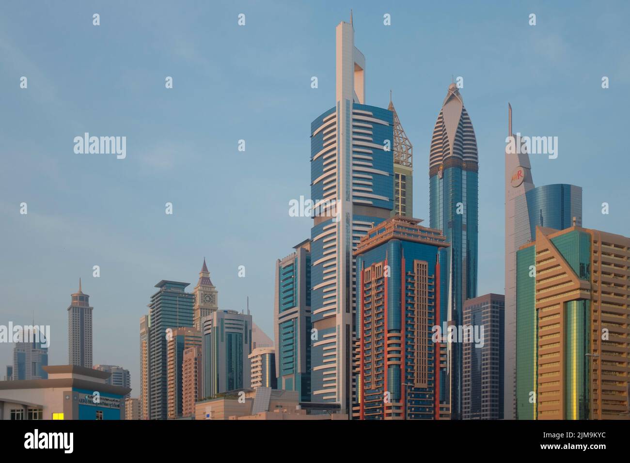 Tall, modern, geometric office buildings along Sheikh Zayed Road from ...