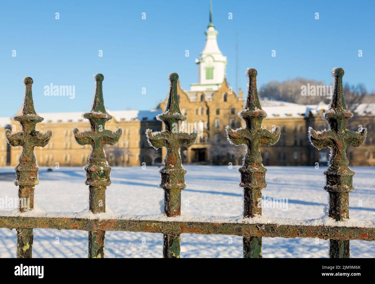 Railings in snow outside Trans-Allegheny Lunatic Asylum Stock Photo - Alamy