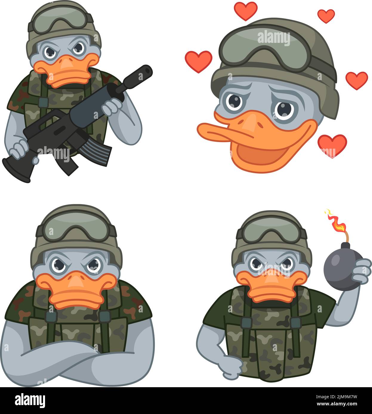 Set of hand-drawn soldier ducks holding sniper rifle, feeling love ...