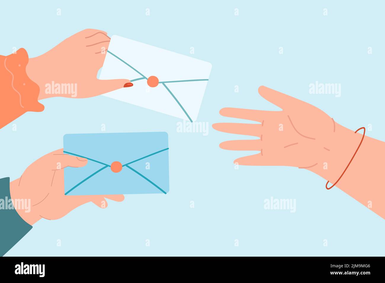 Human hand taking envelopes from other hands. Person receiving or ...