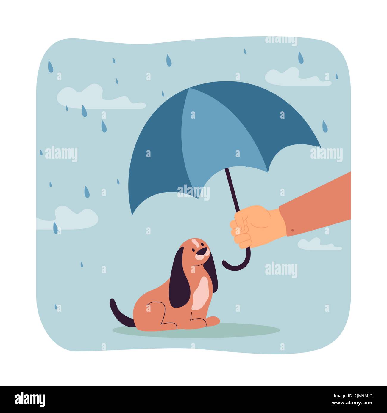 Owner holding umbrella under dog flat vector illustration. Person ...