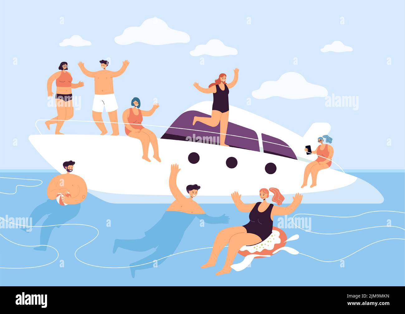 Happy cartoon characters sailing on yacht or boat. People relaxing or ...