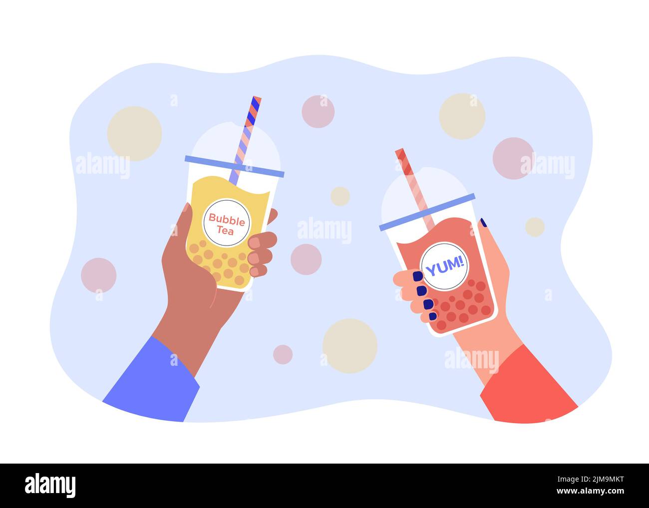 Human hands holding plastic cups with cool bubble tea and straws ...