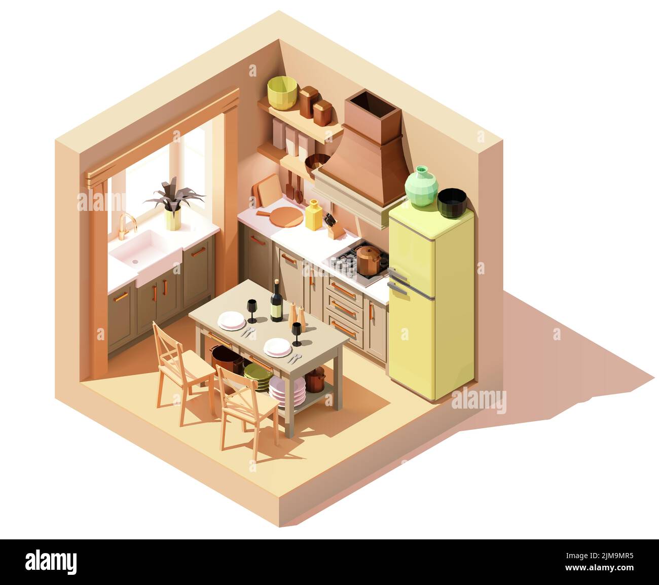 Vector isometric rustic kitchen room. Kitchen with island and chairs ...