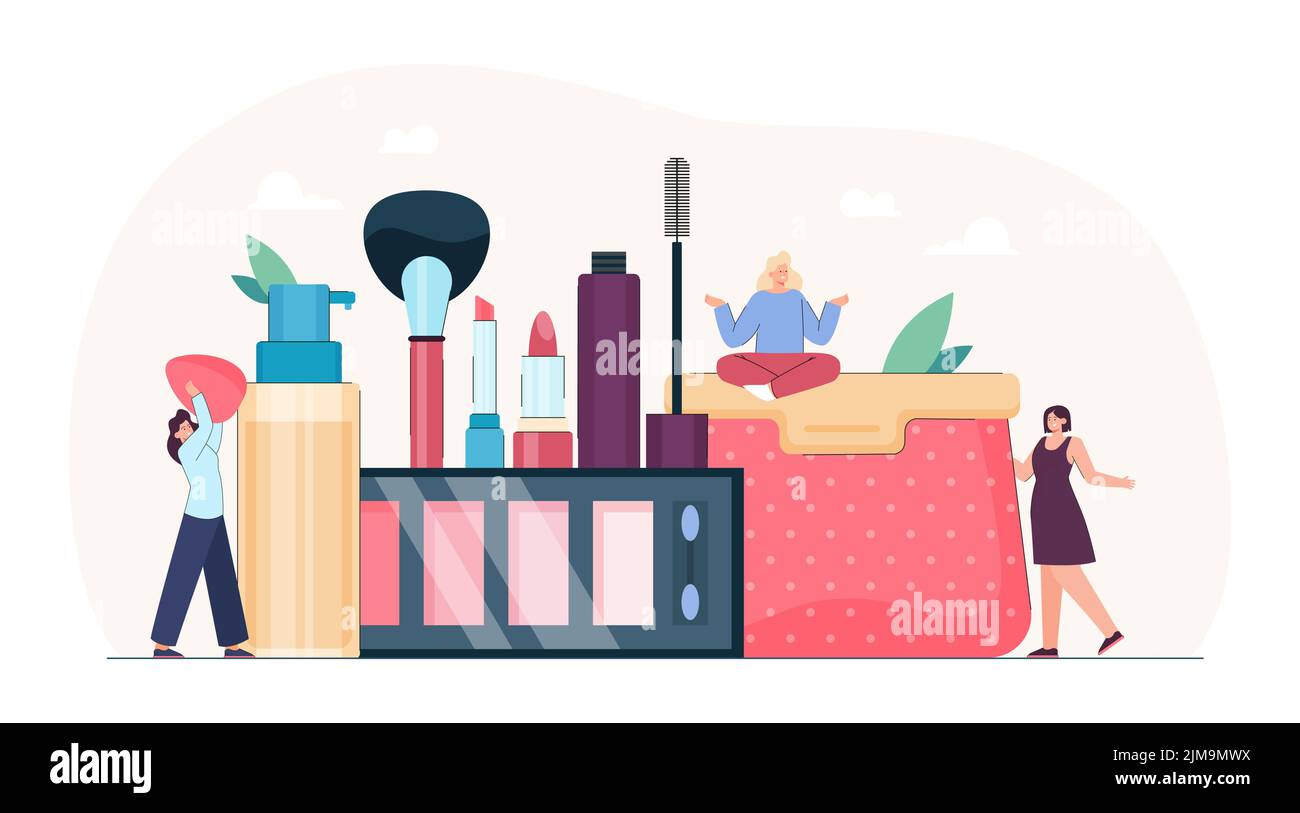 Tiny cartoon beautician characters with huge makeup products. Beauty ...