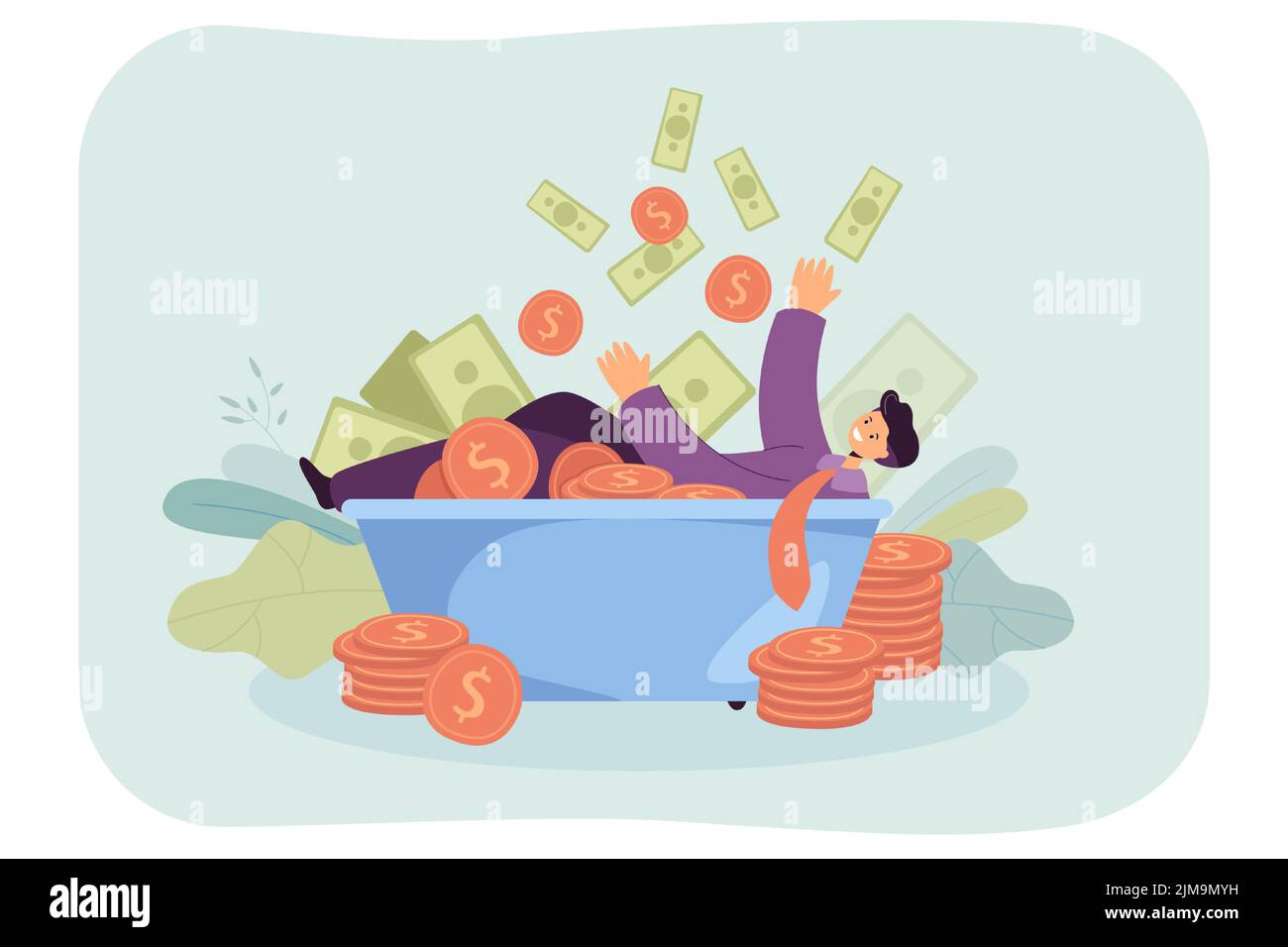 Millionaire cartoon character lying in bath with money. Dollars raining ...