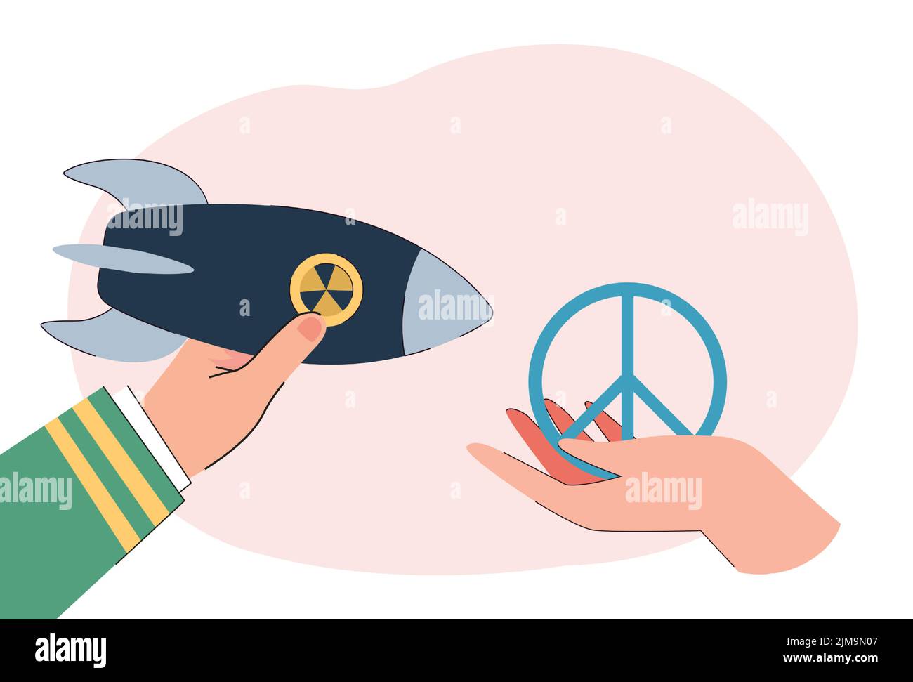 Missile and peace symbol in human hands flat vector illustration ...
