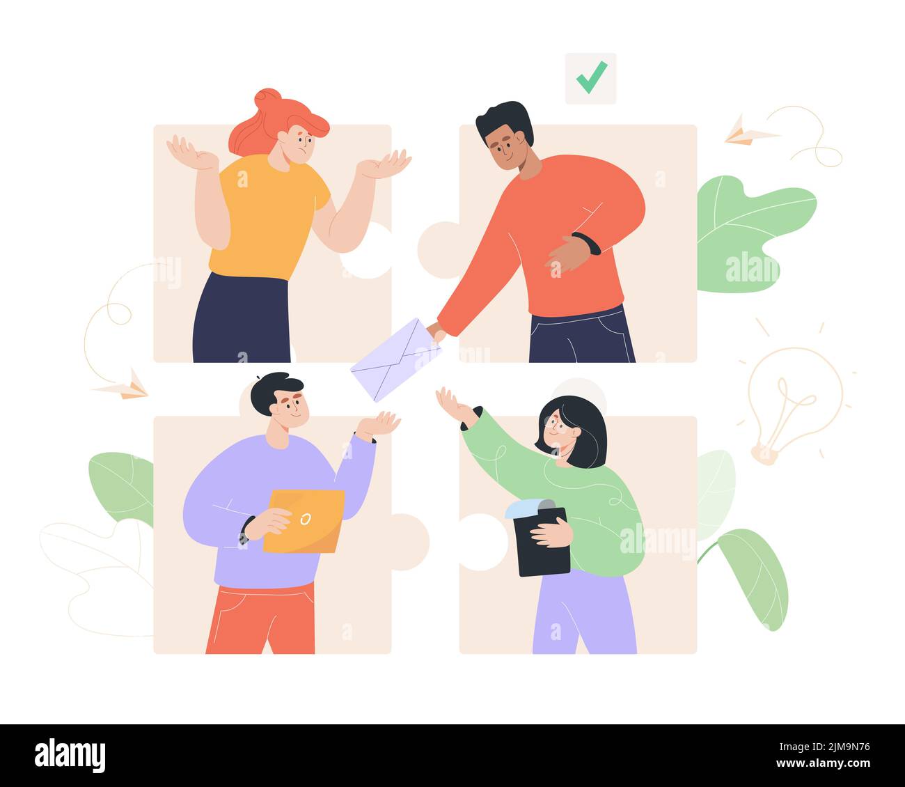 People connecting puzzle online flat vector illustration. Employees ...