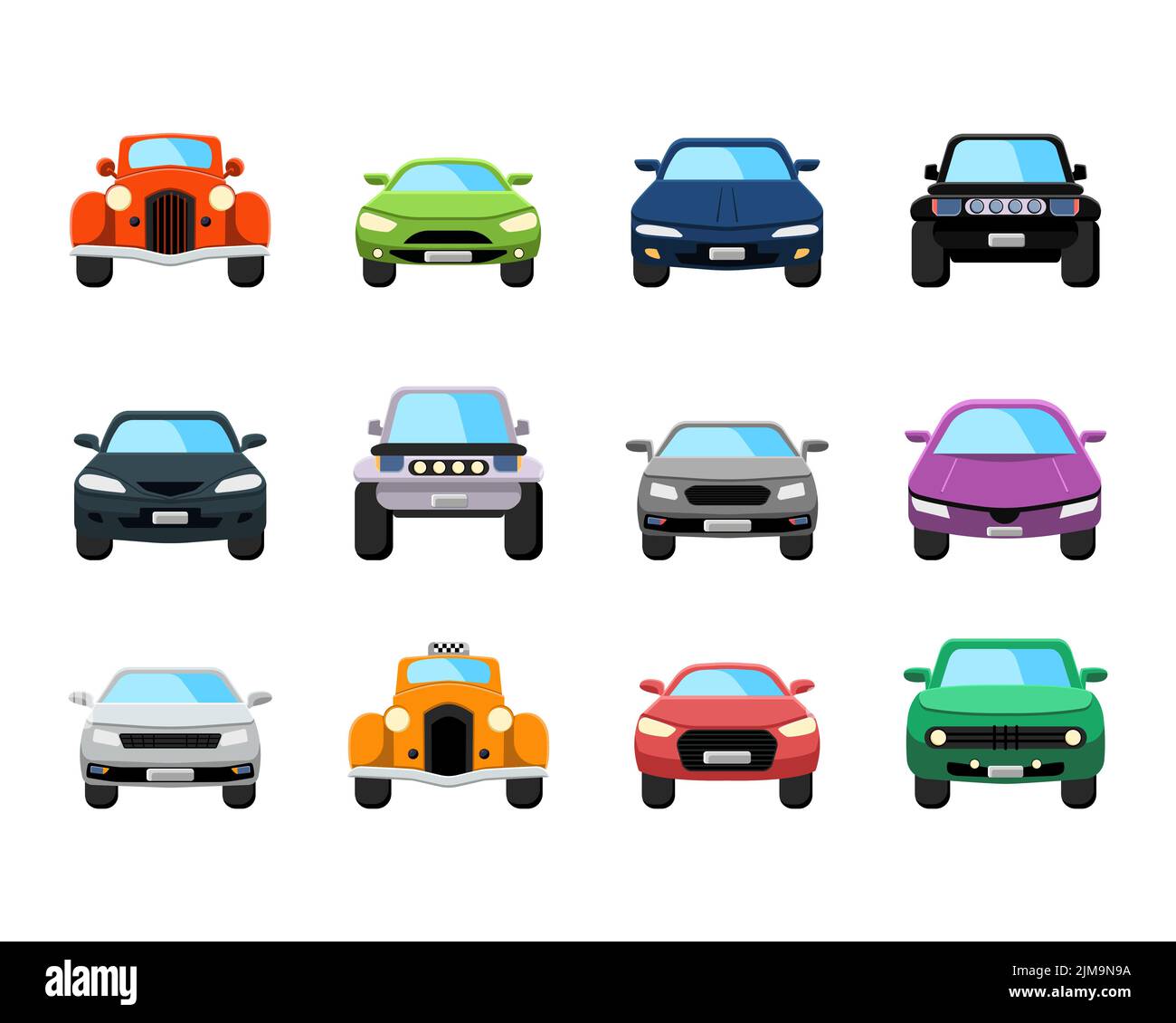 Front view of different kinds of cars vector illustrations set ...