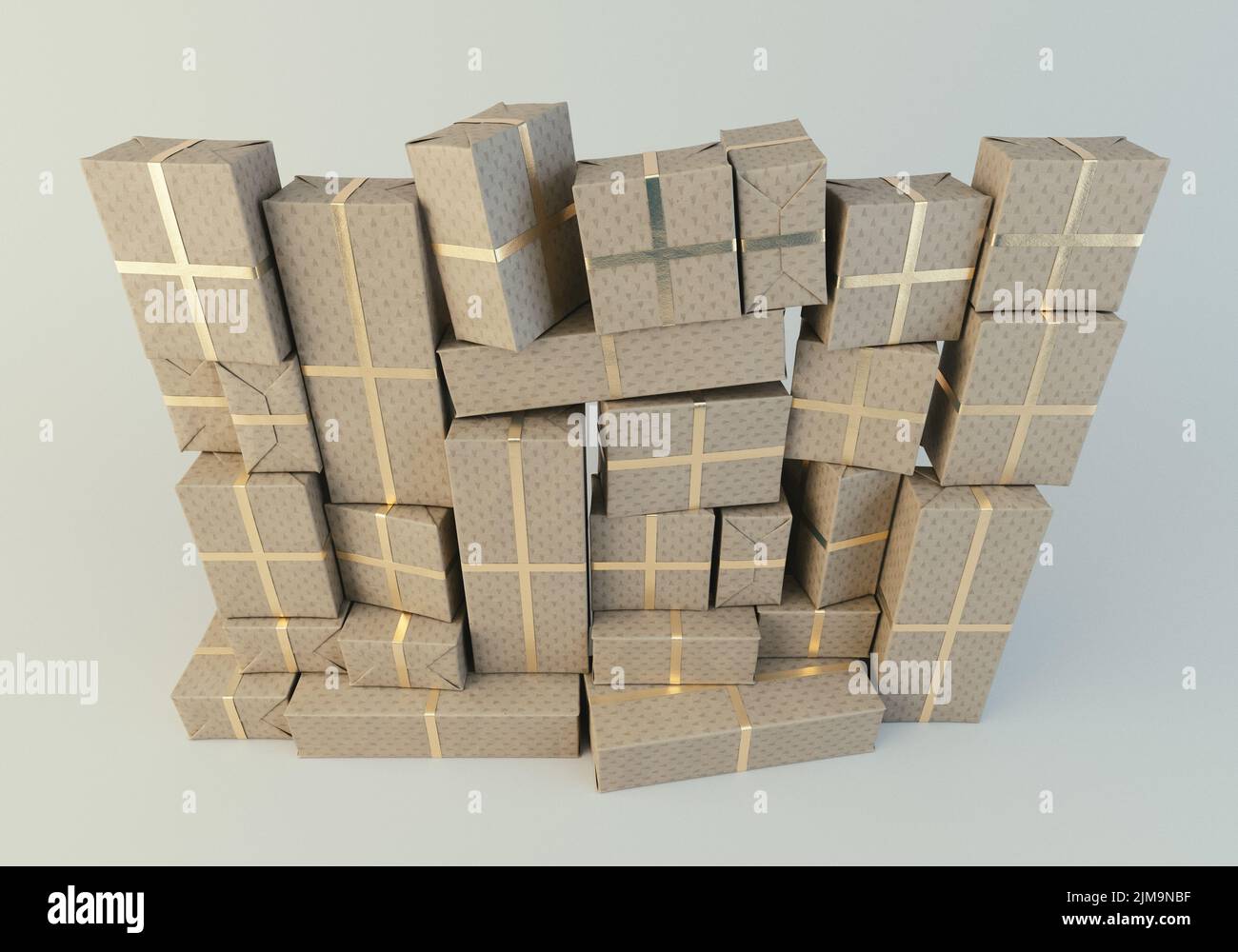 A stacked wall of different sized rectangular gift boxes wrapped in ...