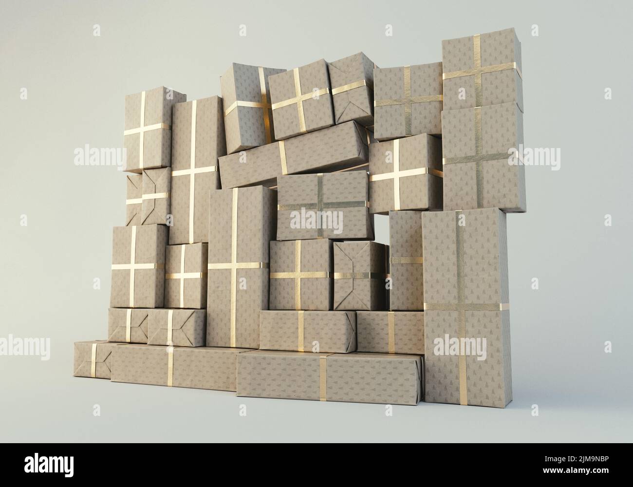 A stacked wall of different sized rectangular gift boxes wrapped in ...