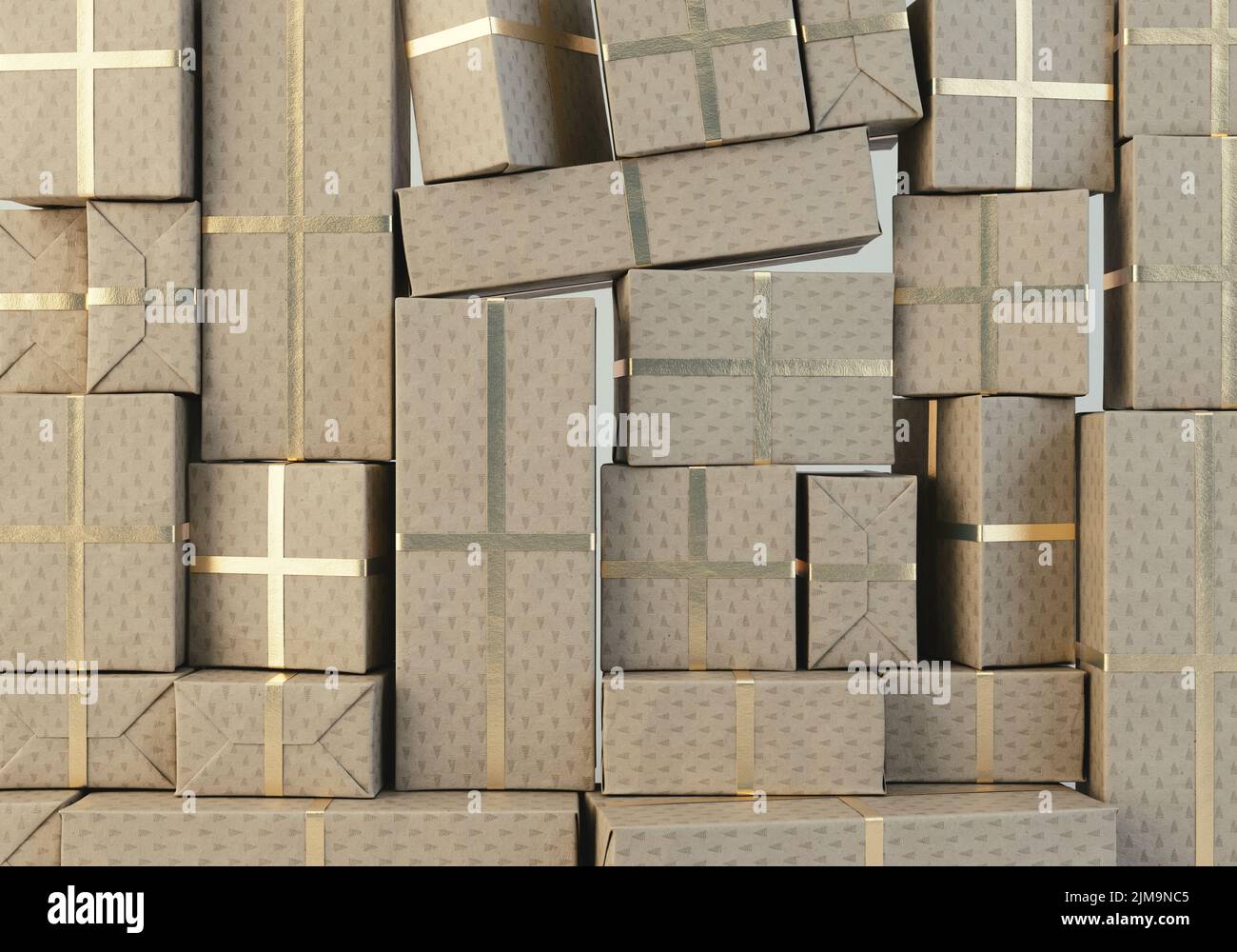 A stacked wall of different sized rectangular gift boxes wrapped in ...