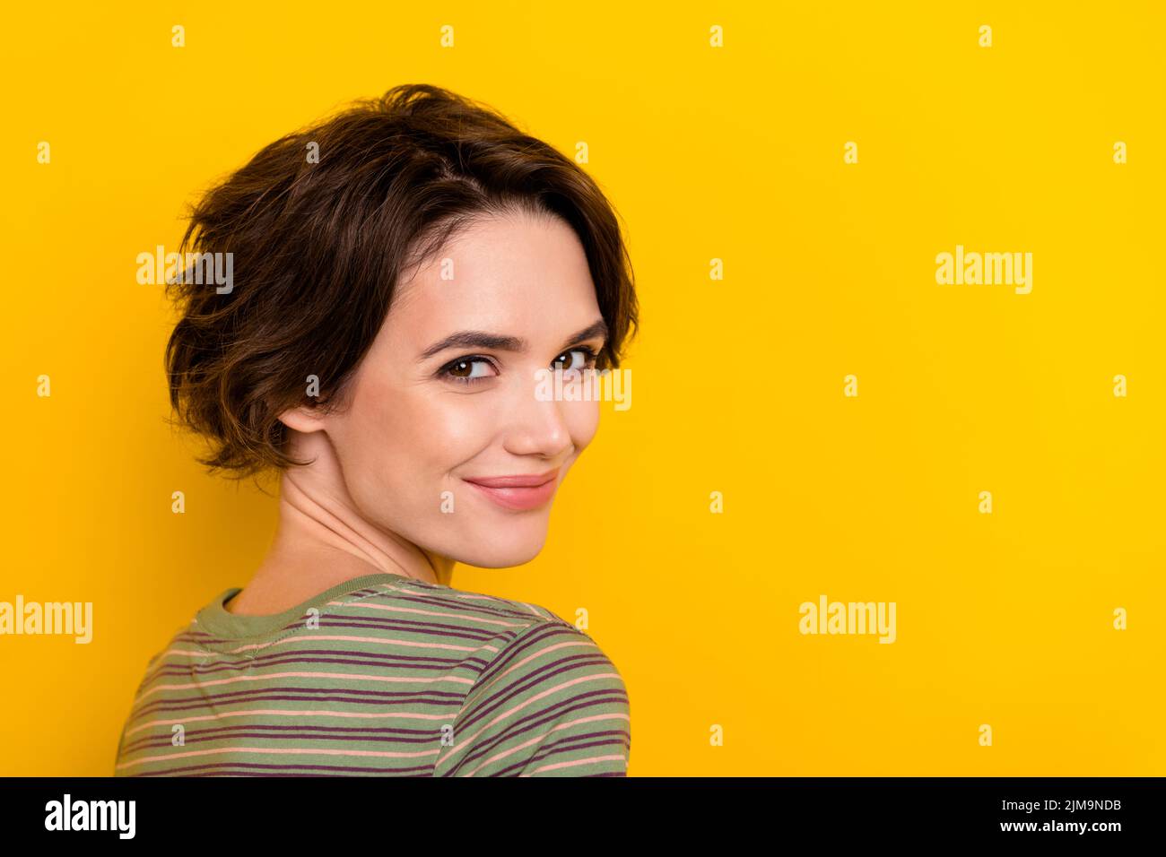 Back rear side view photo of young pretty cute millennial girl looking ...