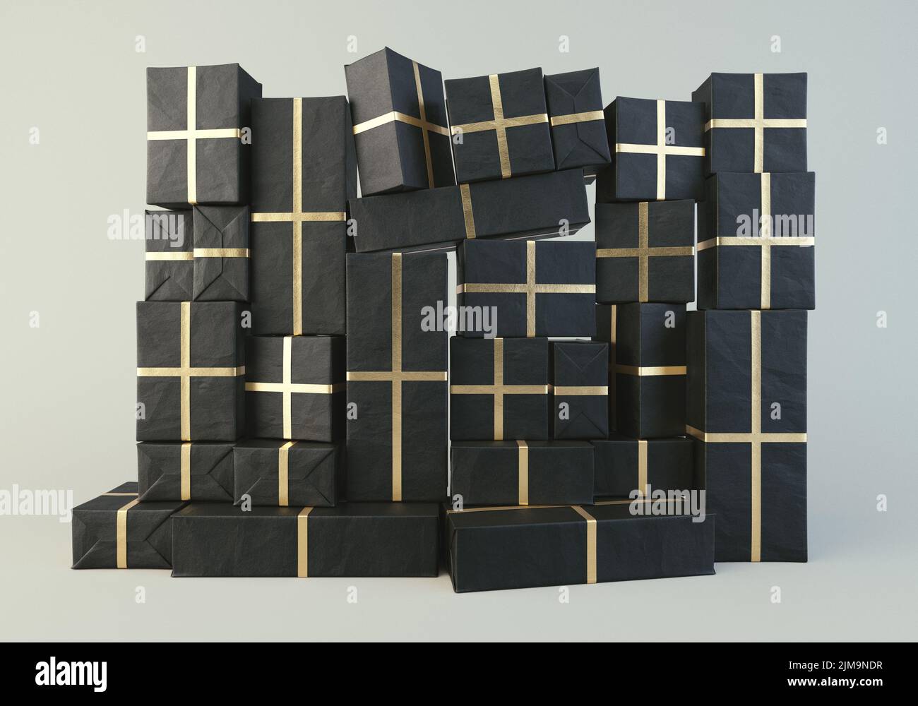 A stacked wall of different sized rectangular gift boxes wrapped in ...