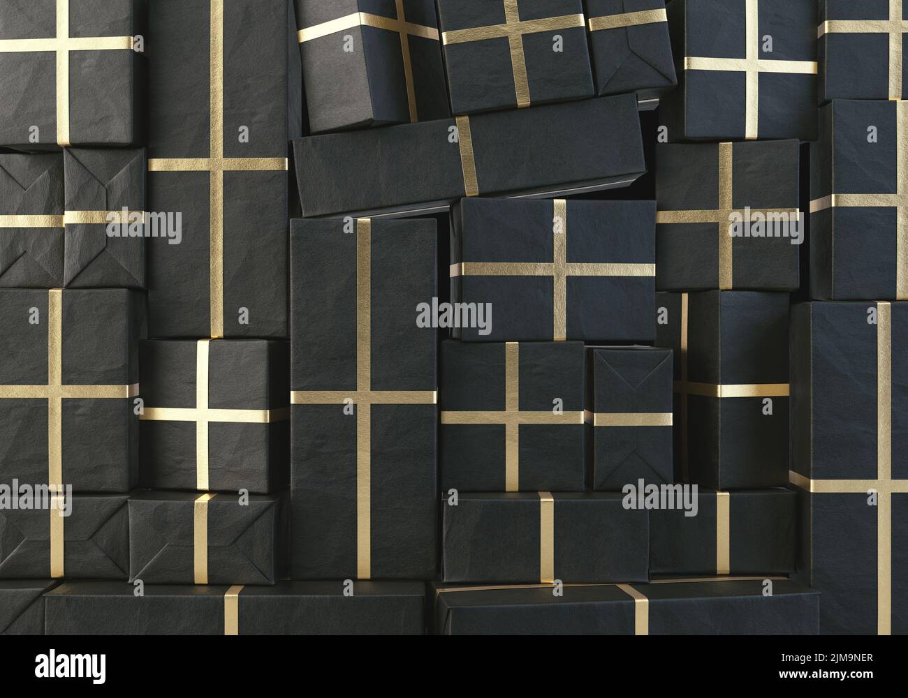 A stacked wall of different sized rectangular gift boxes wrapped in ...