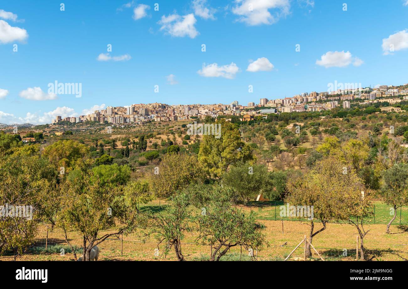 Landscape with view of Agrigento town from the Temples Valley ...