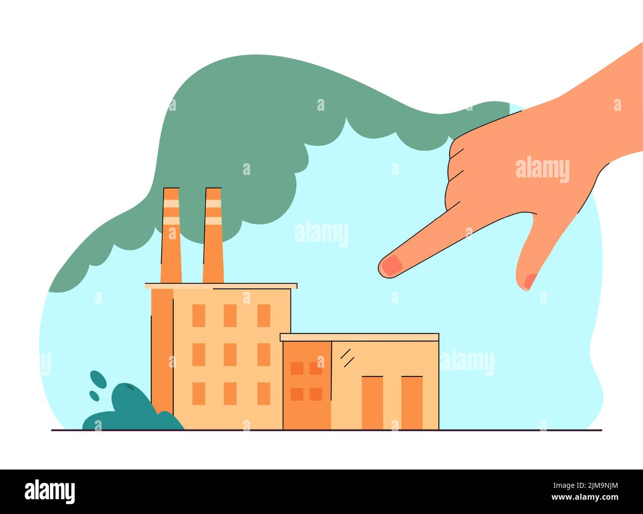 Giant hand pointing at factory with industrial emissions. Smoke and ...