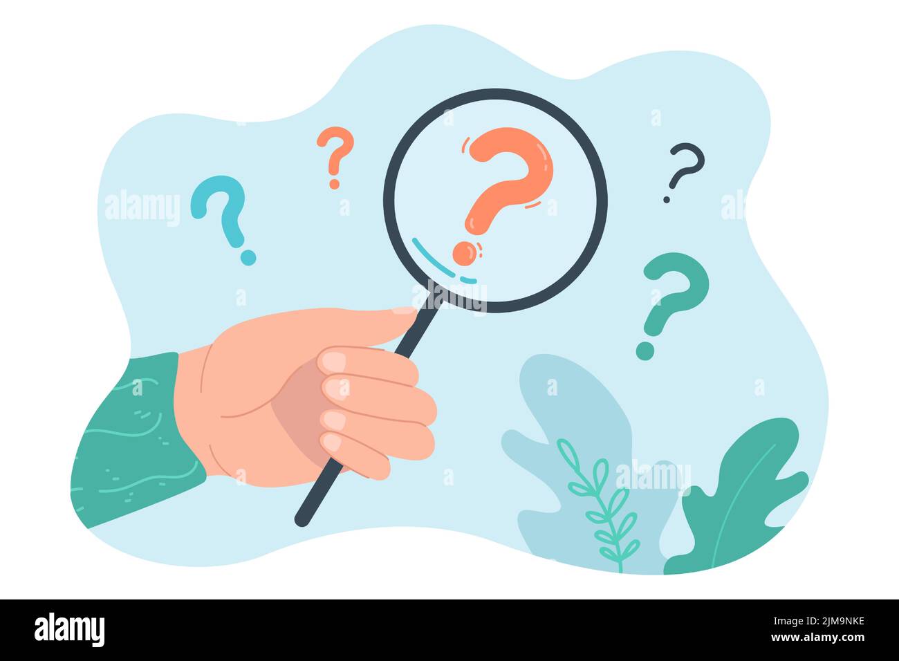 Person looking through magnifying glass on question mark. Hand holding ...