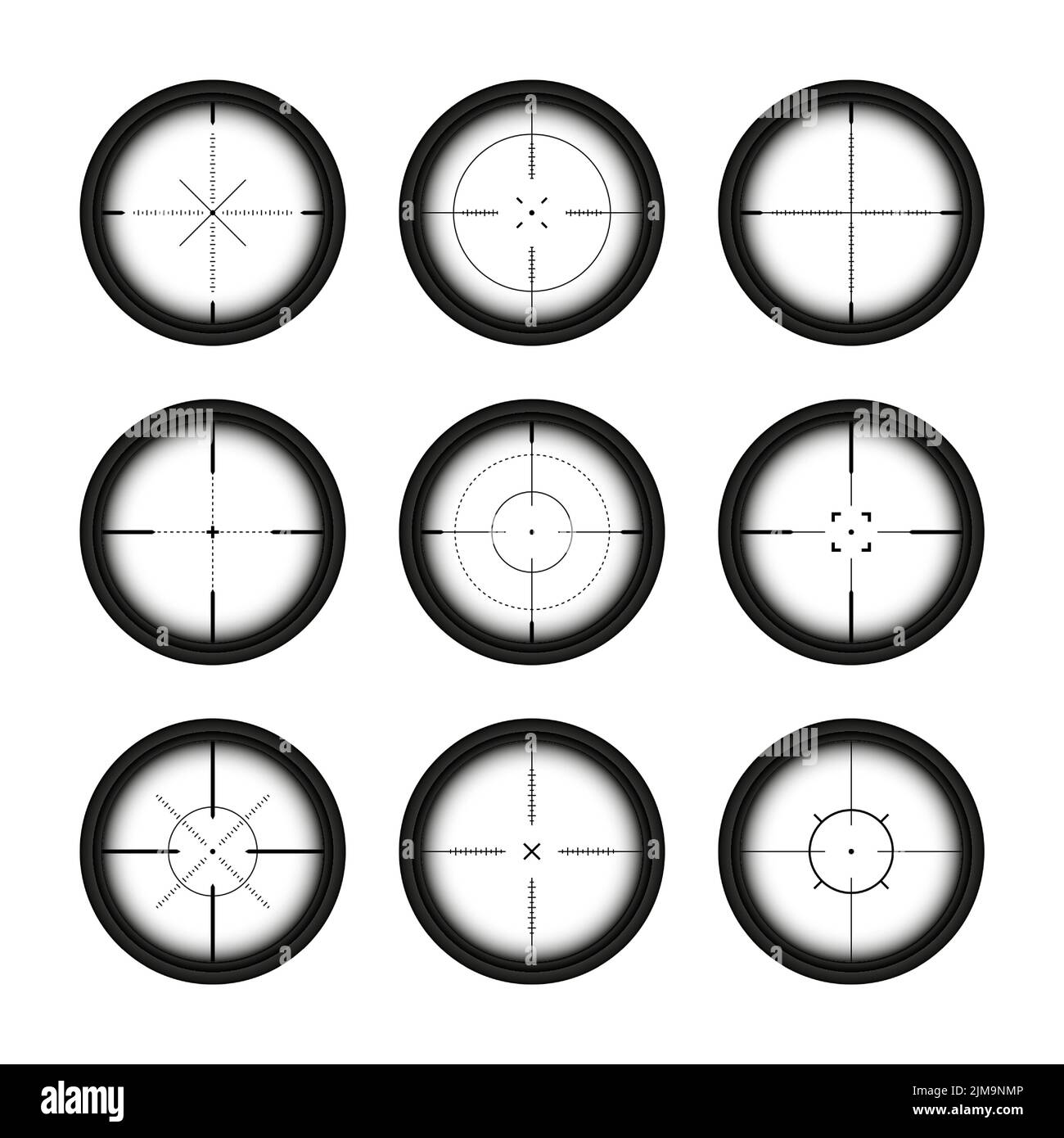 Various weapon sights, sniper rifle optical scopes. Hunting gun ...