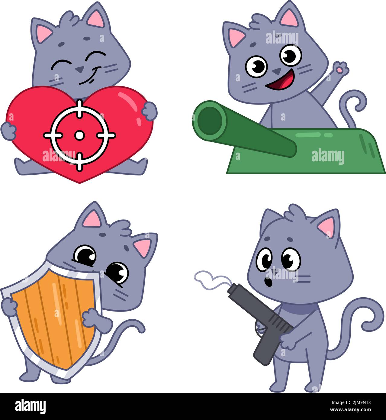 Set of cute hand-drawn cats holding love target, sitting on tank ...