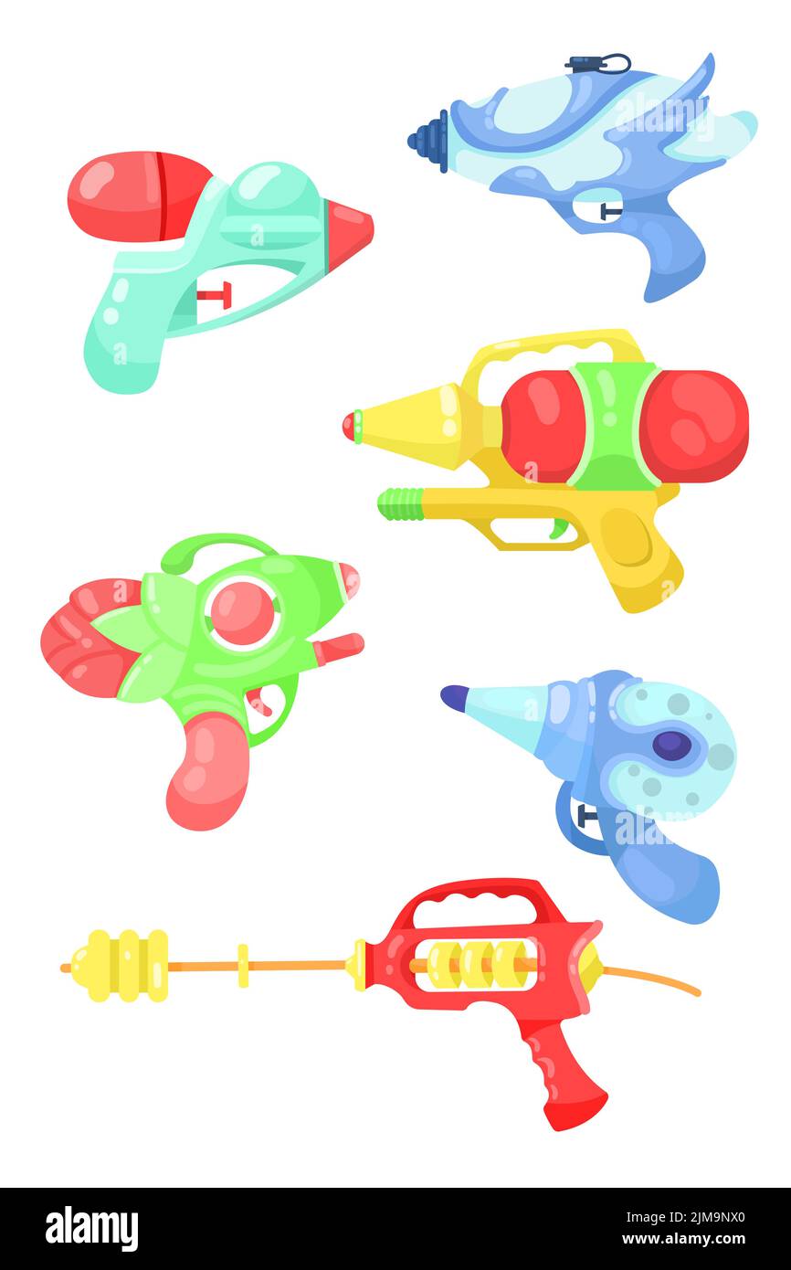 Plastic water guns cartoon illustration set. Colorful kids pistols to ...
