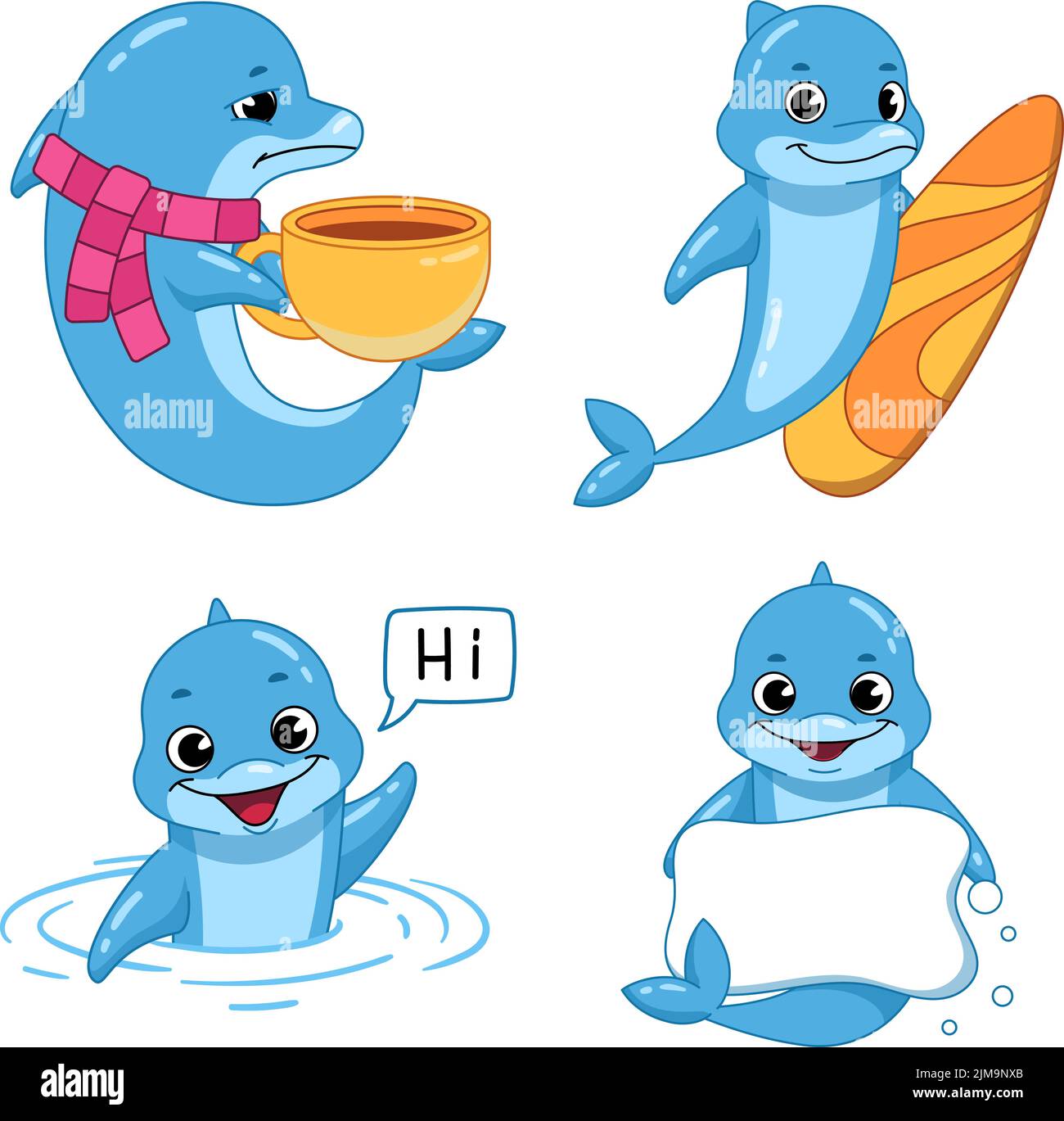 Set of cute hand-drawn dolphins drinking coffee, holding surfboard ...