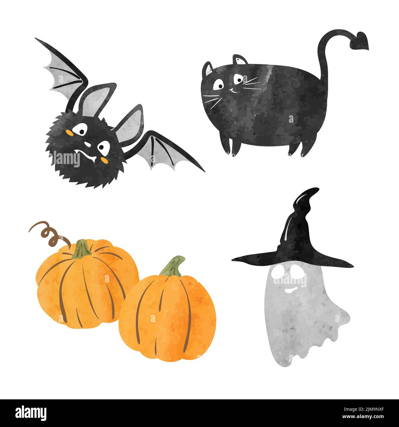Halloween set with ghost, bat, black cat and pumpkins. Vector ...