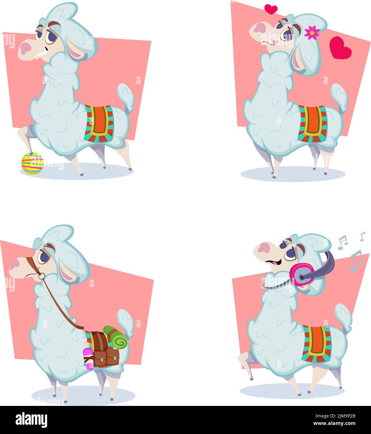 Set of cute hand-drawn lamas playing ball, feeling love, carrying bags ...