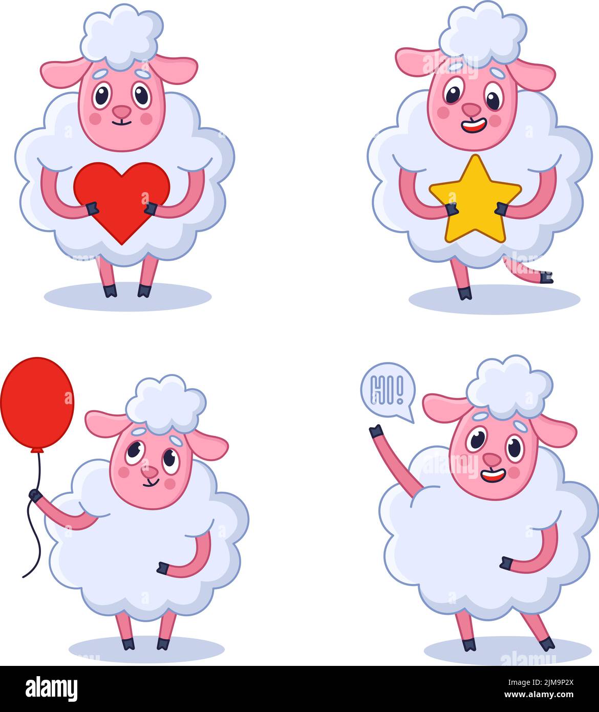 Set of cute hand-drawn sheep holding heart, star, balloon, saying hi ...