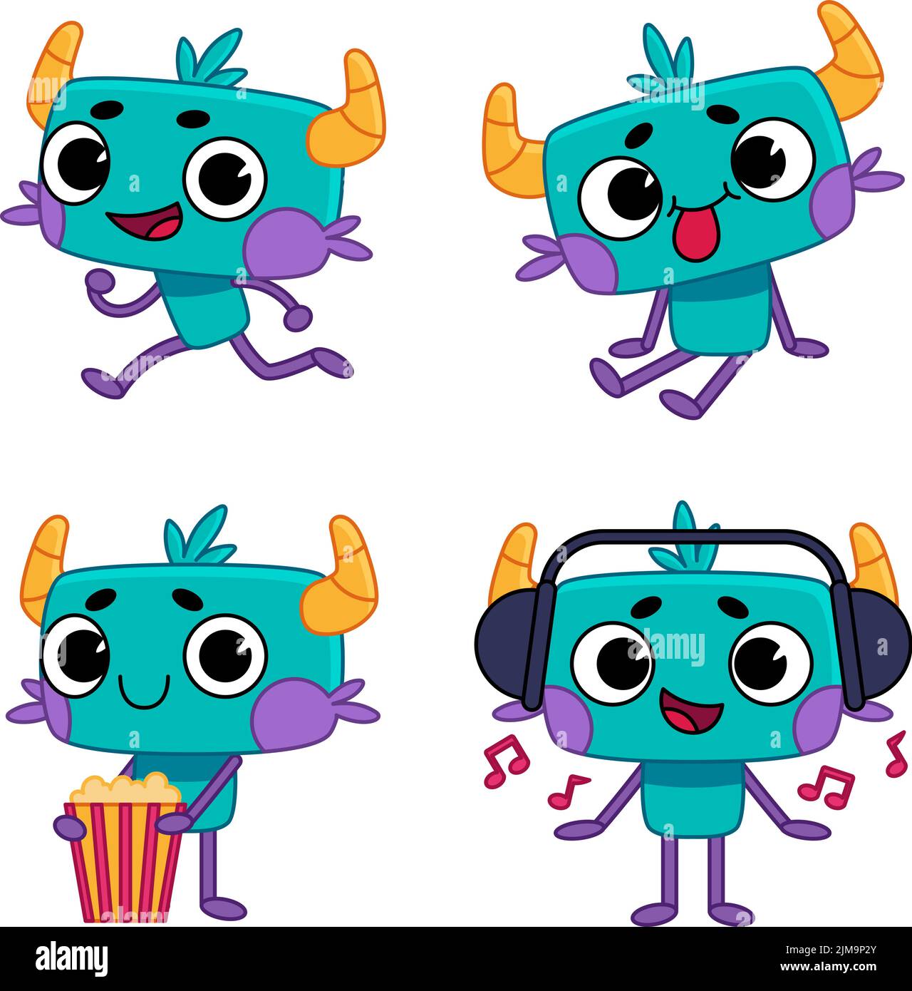 Set of cute hand-drawn little monsters running, sticking tongue, eating ...