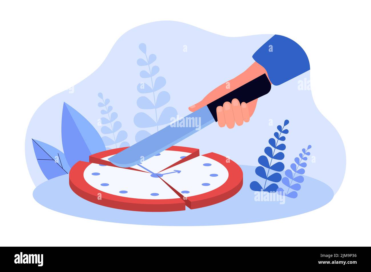 Hand cutting face of clock with knife. Productive office person ...