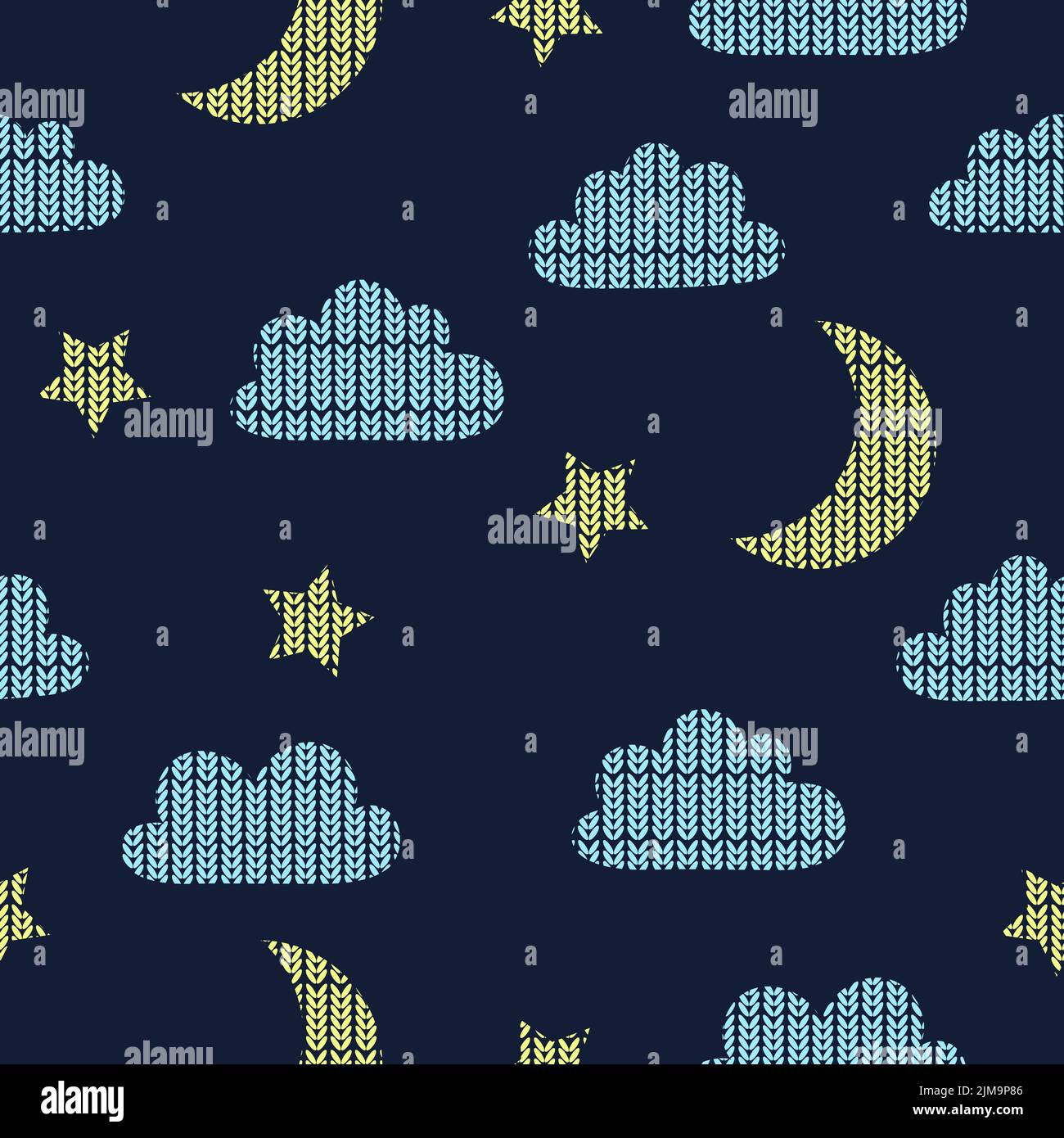 Seamless night sky pattern with knitted moon, clouds and stars. Vector ...