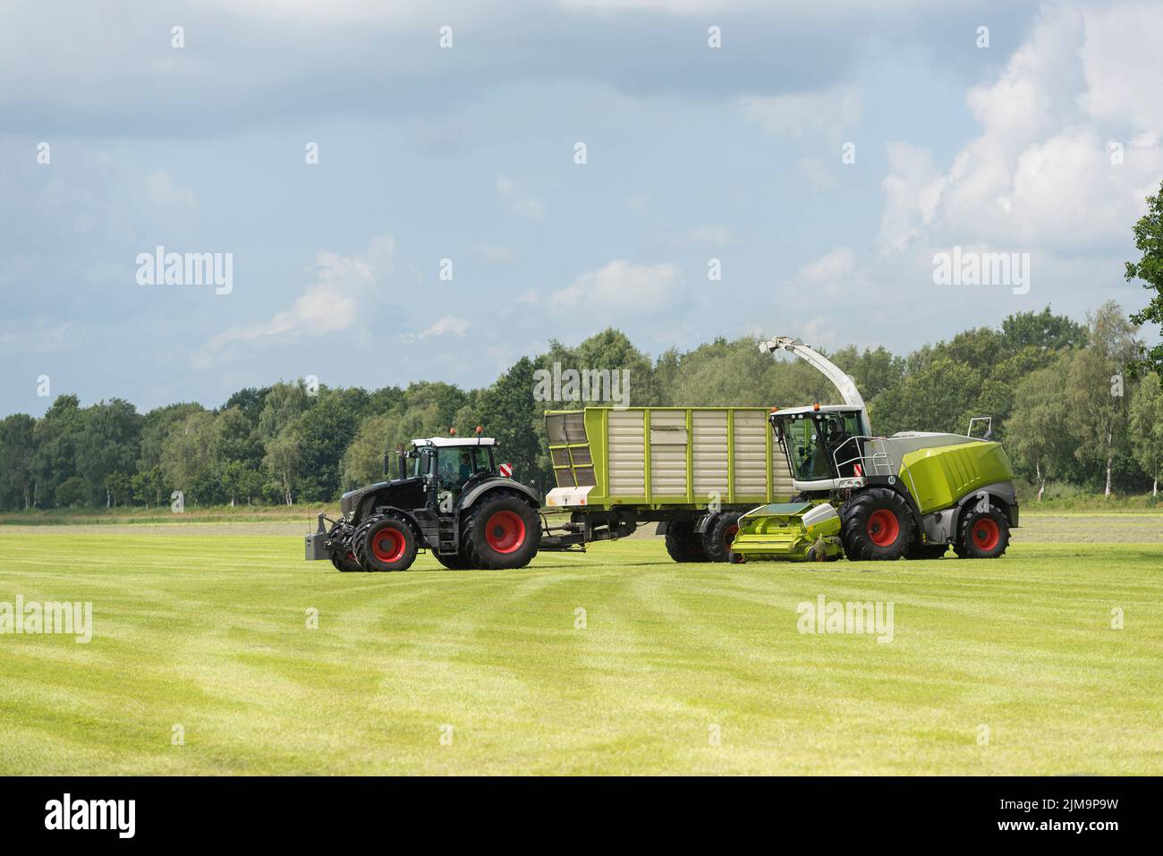 Forage harvester and transport of grass with tractor and a loader wagon ...