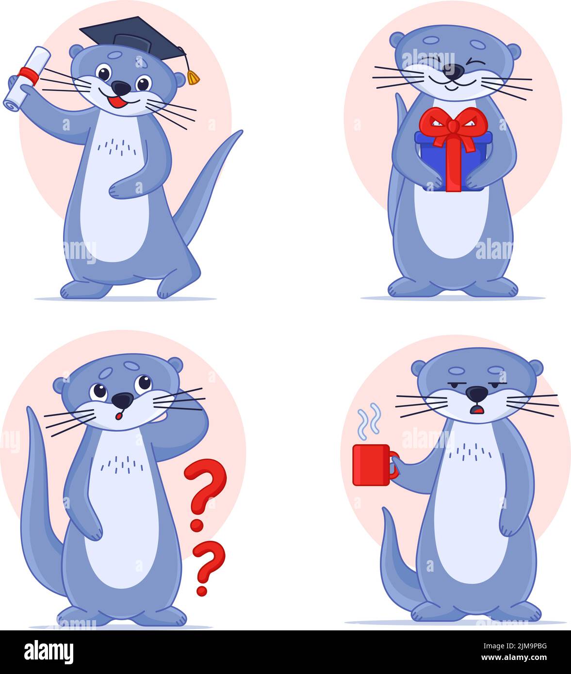 Set of cartoon otter character thinking, holding gift box, cup of coffee and diploma Stock ...