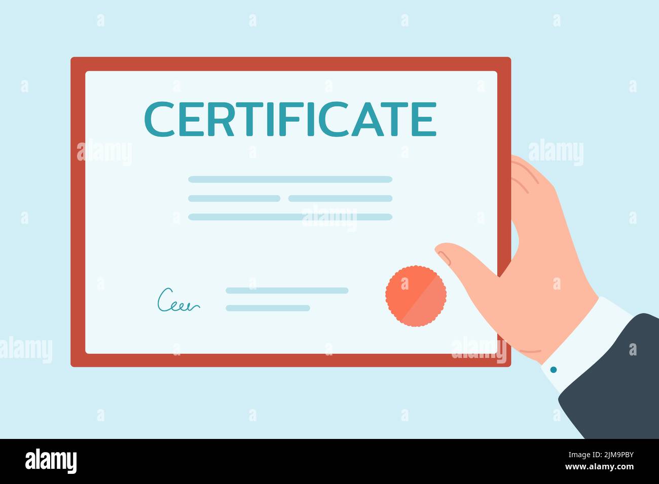 Hand holding certificate flat vector illustration. Person receiving ...